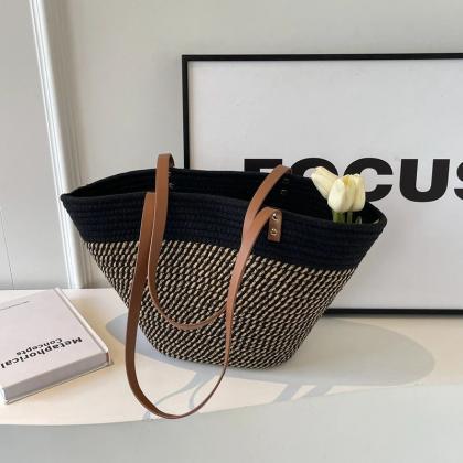 Stylish Woven Two-tone Tote Bag With Leather Straps on Luulla