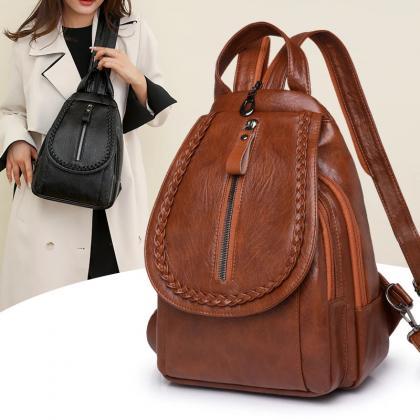 Black Leather Backpack With Braided Front Pocket on Luulla