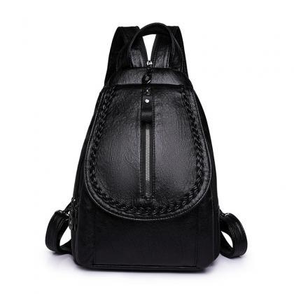 Black Leather Backpack With Braided Front Pocket on Luulla