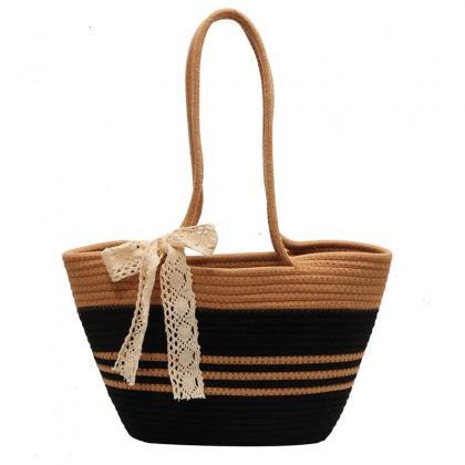 Stylish Woven Straw Tote Bag With Ribbon on Luulla