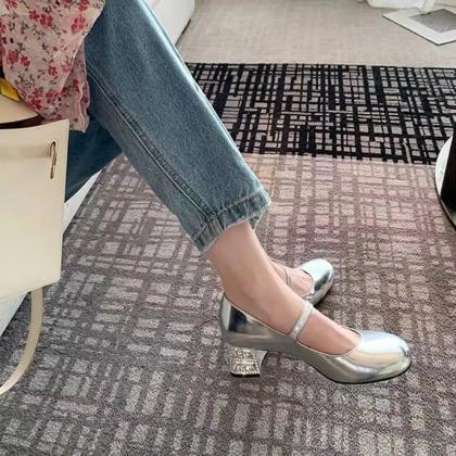 Shiny Silver Block Heel Party Shoes on Luulla