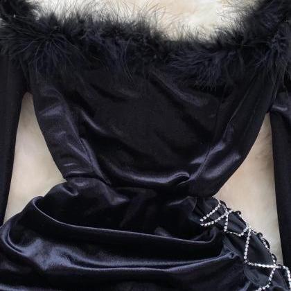 Elegant Black Velvet Feather Trim Bodycon Dress on Luulla