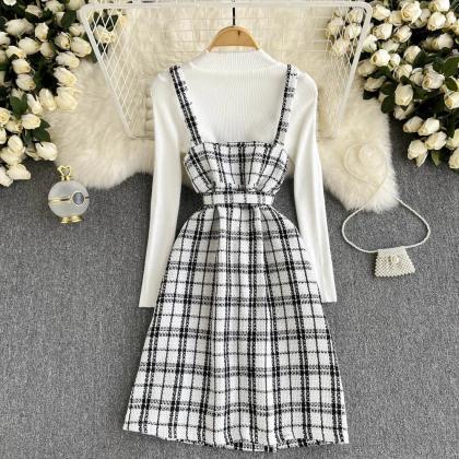 Plaid Pinafore Dress With Knitwear Set on Luulla