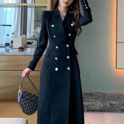 Sleek Double-breasted Black Coat With Buttons on Luulla