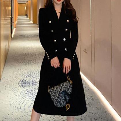 Sleek Double-breasted Black Coat With Buttons on Luulla