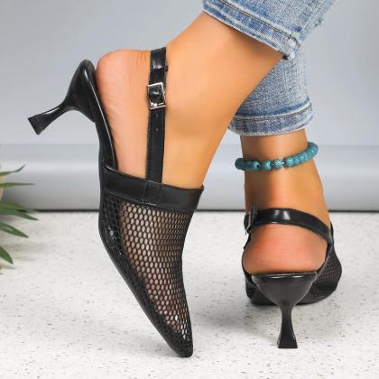 Mesh Slingback Heels With Low Stiletto Design on Luulla