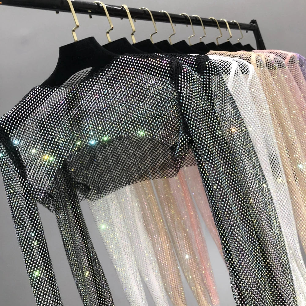 Sparkly Mesh Long Sleeve Sheer Crop Tops on Luulla