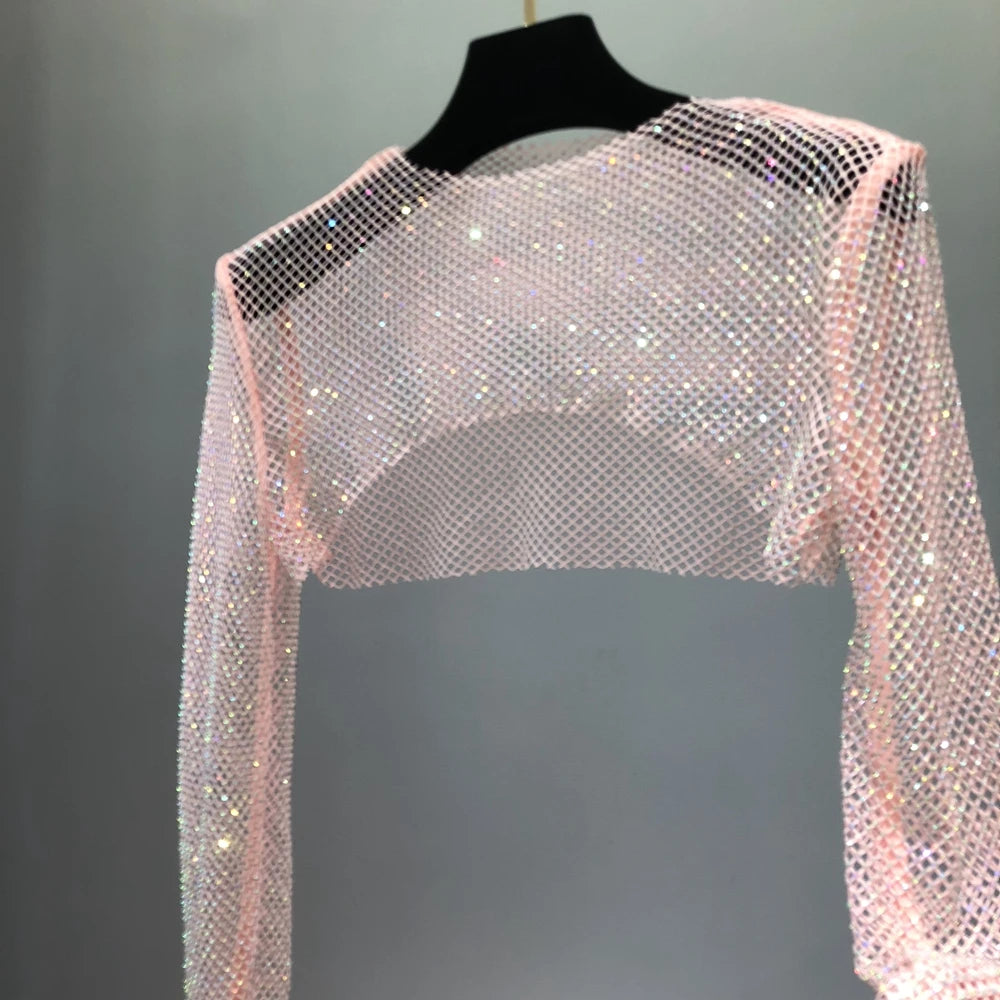 Sparkly Mesh Long Sleeve Sheer Crop Tops on Luulla