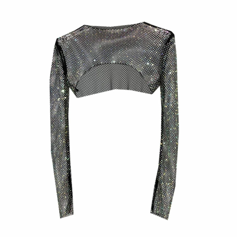 Sparkly Mesh Long Sleeve Sheer Crop Tops on Luulla