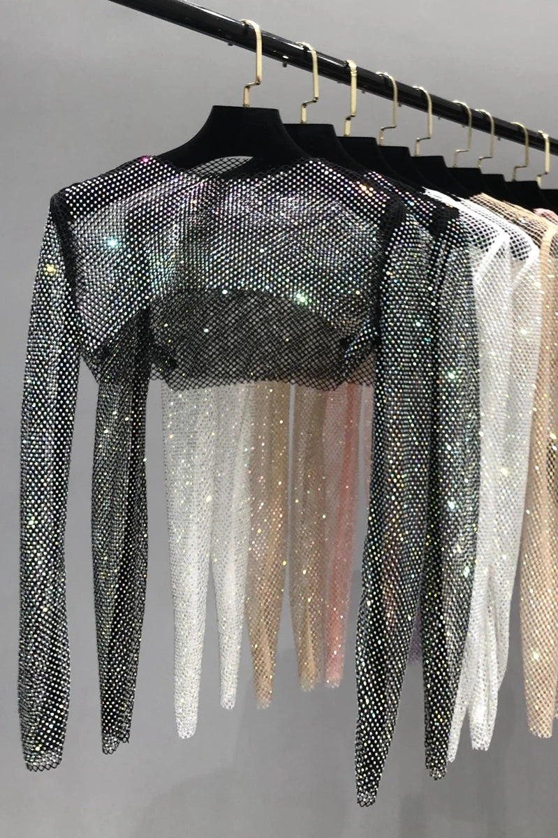 Sparkly Mesh Long Sleeve Sheer Crop Tops on Luulla