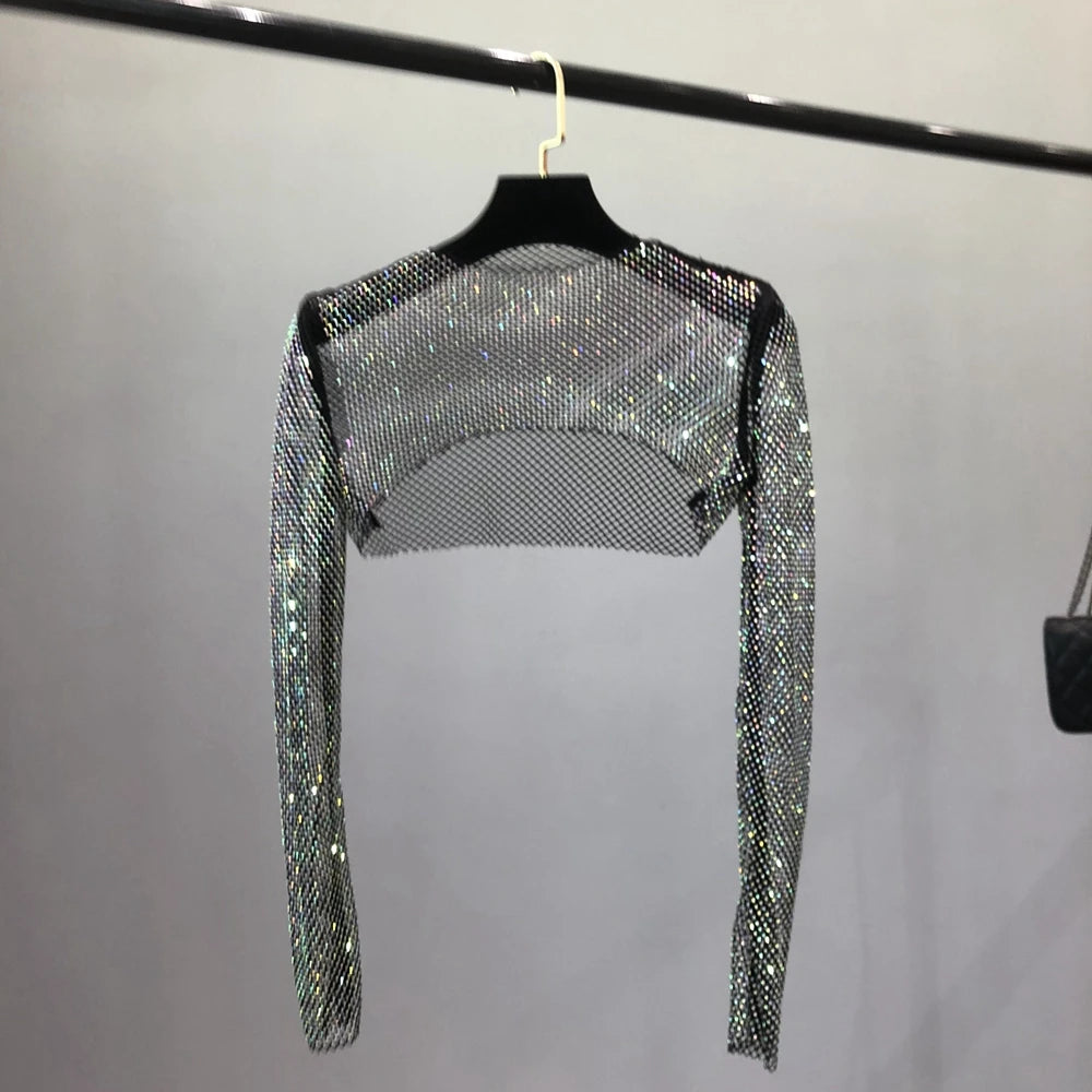 Sparkly Mesh Long Sleeve Sheer Crop Tops on Luulla