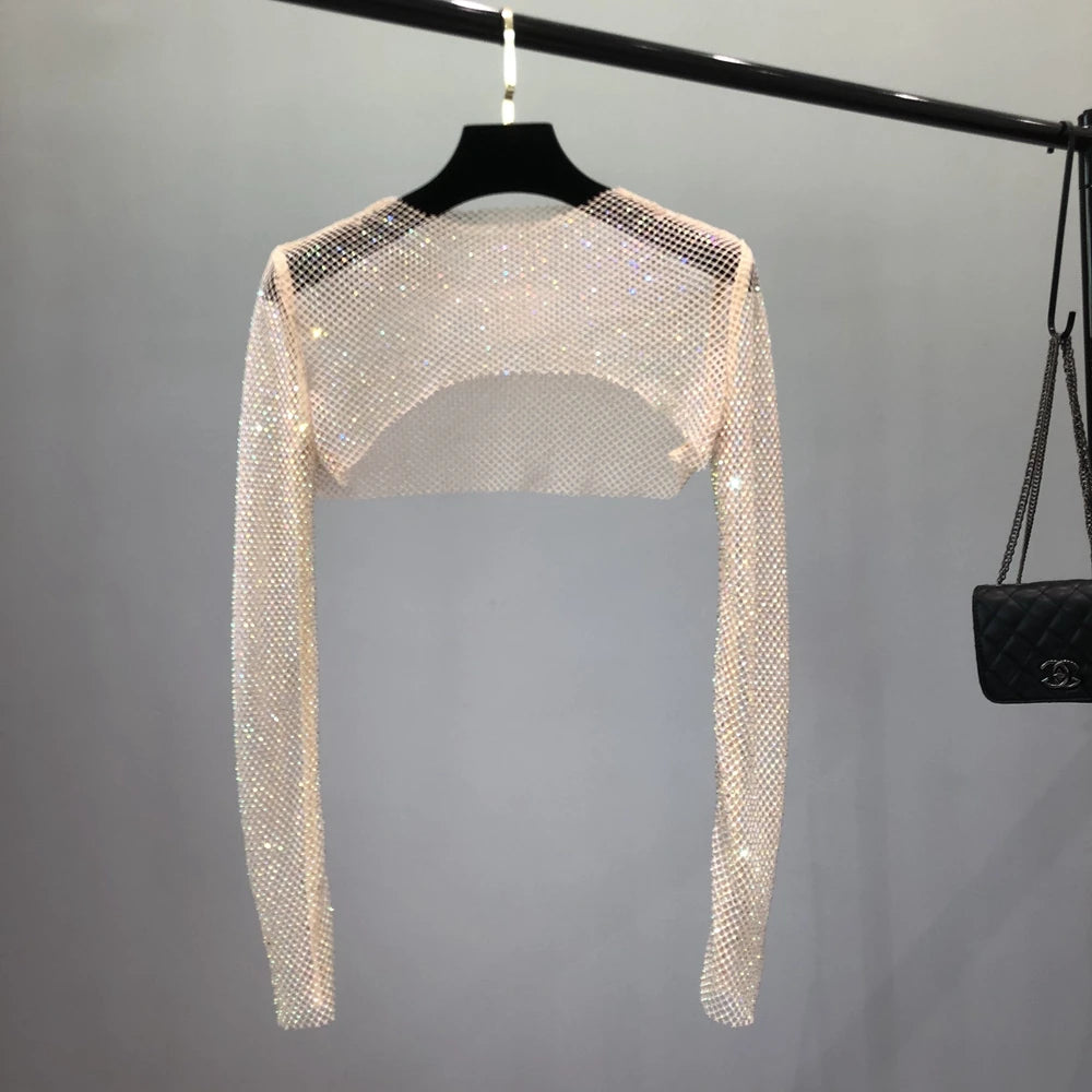 Sparkly Mesh Long Sleeve Sheer Crop Tops on Luulla