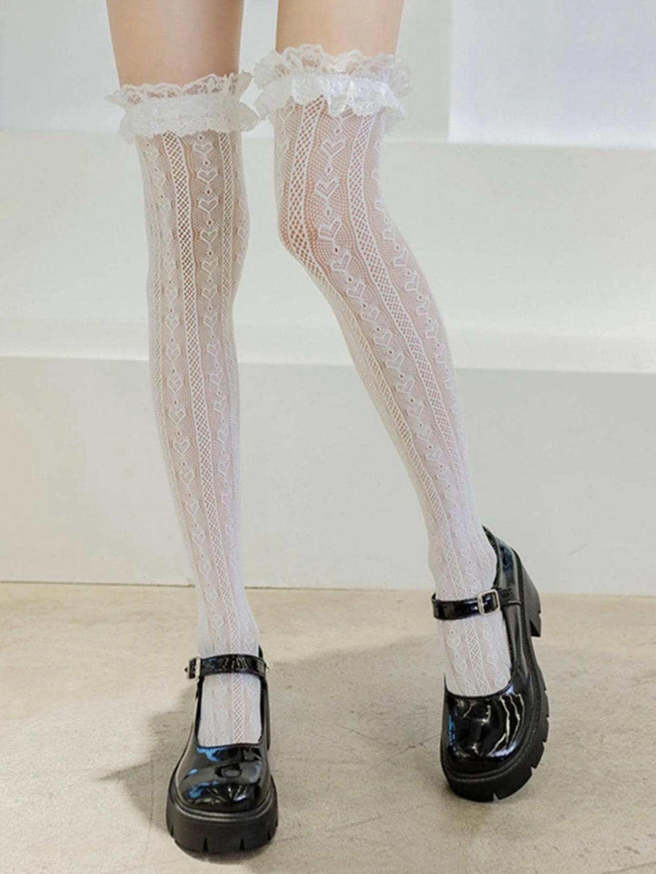 Elegant Black Lace Patterned Knee-high Socks on Luulla