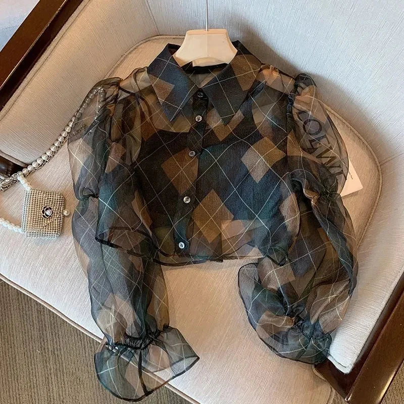 Elegant Sheer Plaid Puff Sleeve Blouse on Luulla