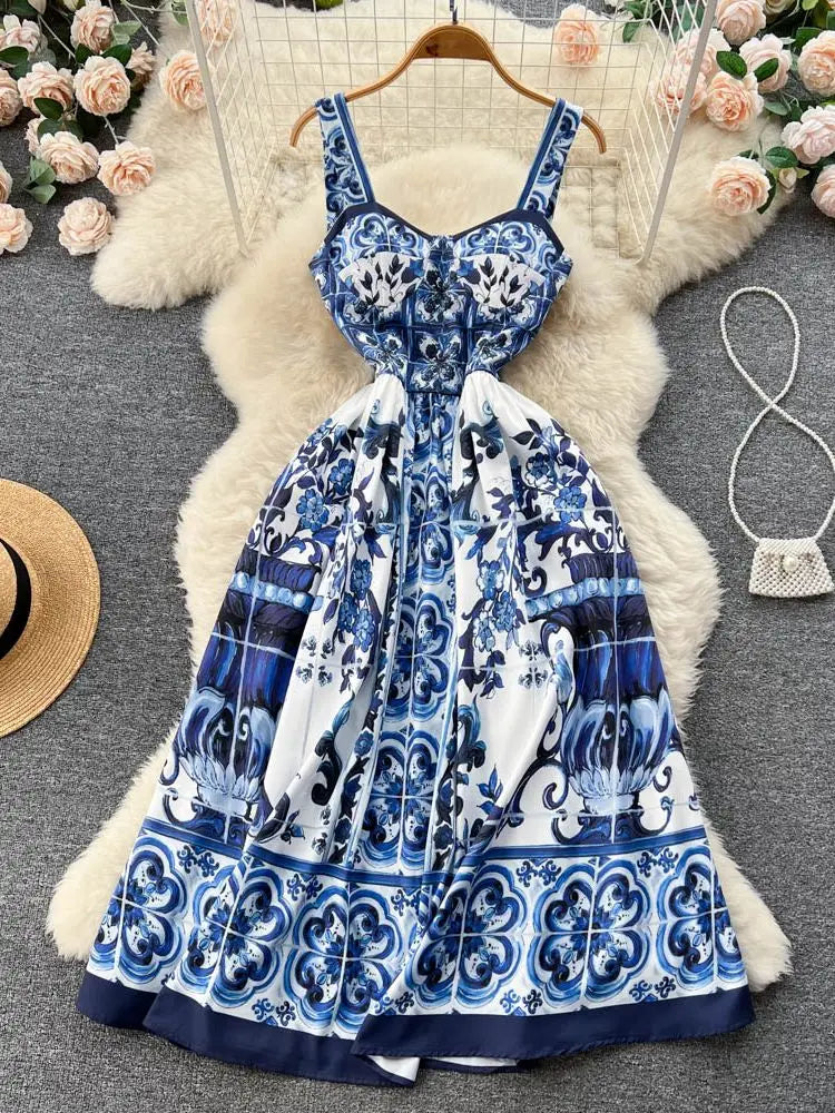 Elegant Blue Floral Print Midi Dress on Luulla