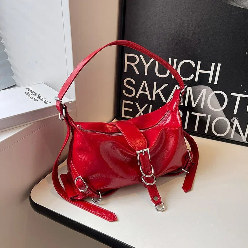 Chic Red Leather Shoulder Bag With Buckles on Luulla
