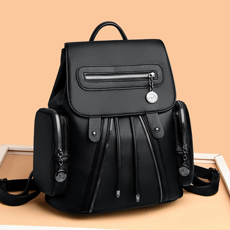 Stylish Black Leather Backpack With Multiple Pockets on Luulla