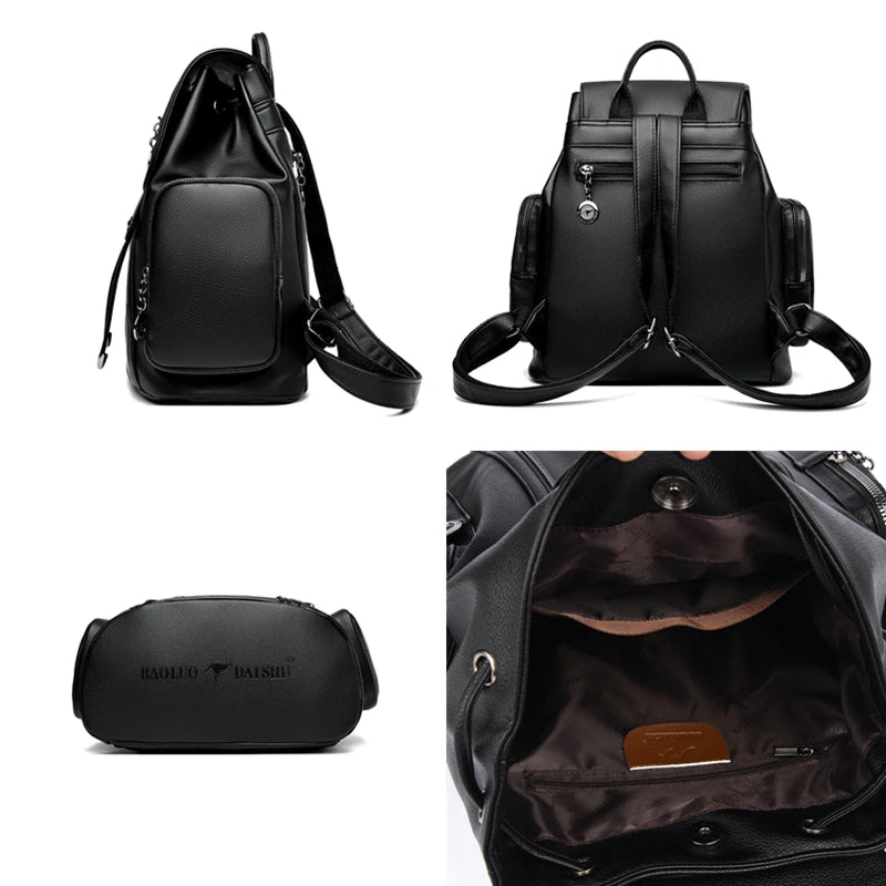 Stylish Black Leather Backpack With Multiple Pockets on Luulla