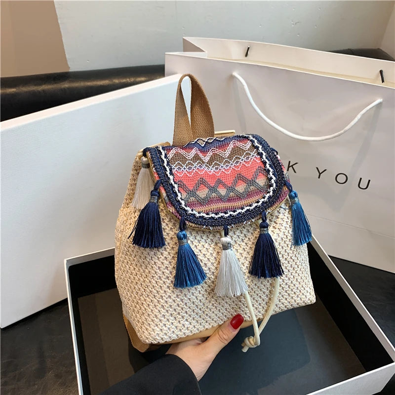 Bohemian Tassel Woven Backpack With Colorful Patterns on Luulla