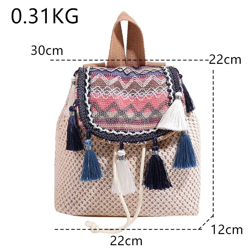 Bohemian Tassel Woven Backpack With Colorful Patterns on Luulla