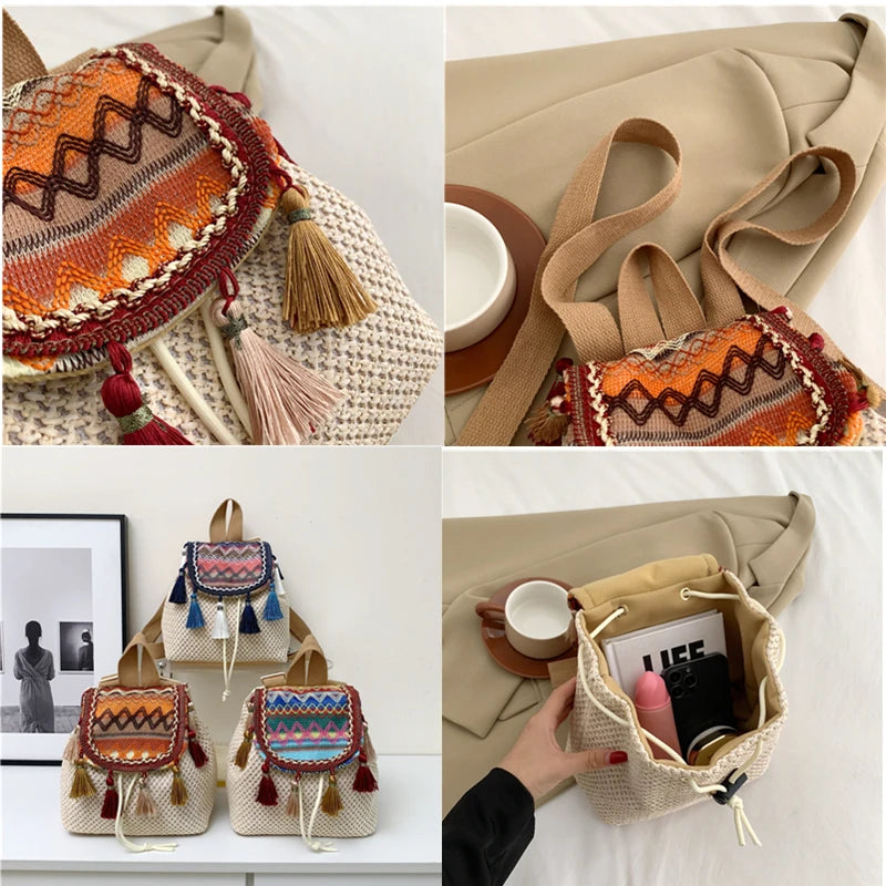 Bohemian Tassel Woven Backpack With Colorful Patterns on Luulla