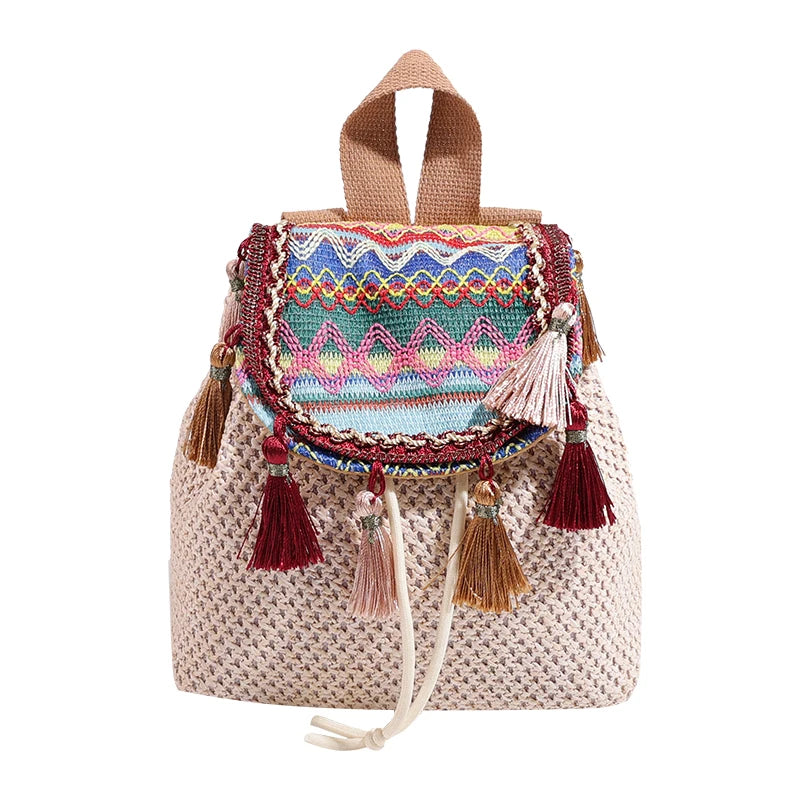 Bohemian Tassel Woven Backpack With Colorful Patterns on Luulla