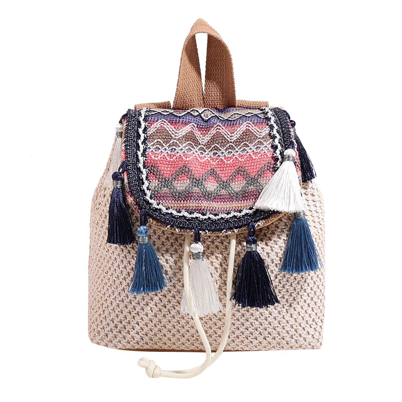 Bohemian Tassel Woven Backpack With Colorful Patterns on Luulla
