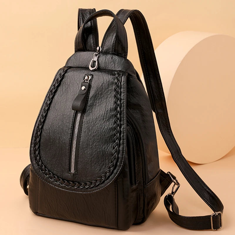Black Leather Backpack With Braided Front Pocket on Luulla