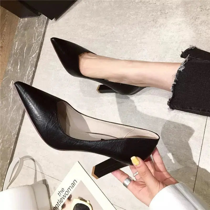 Elegant Black Leather Pointed Toe Block Heels on Luulla