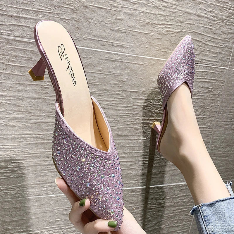 Elegant Rhinestone Embellished Closed-toe Mule Heels on Luulla