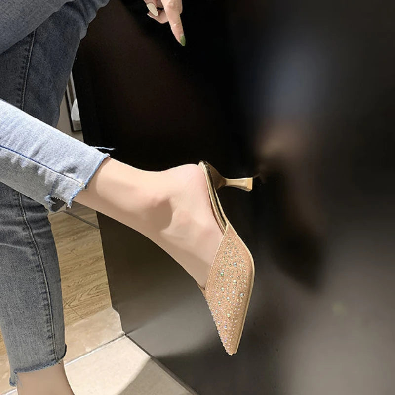 Elegant Rhinestone Embellished Closed-toe Mule Heels on Luulla