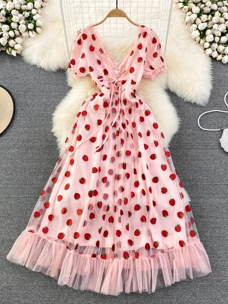 Pink Strawberry Chiffon Ruffled Maxi Dress on Luulla