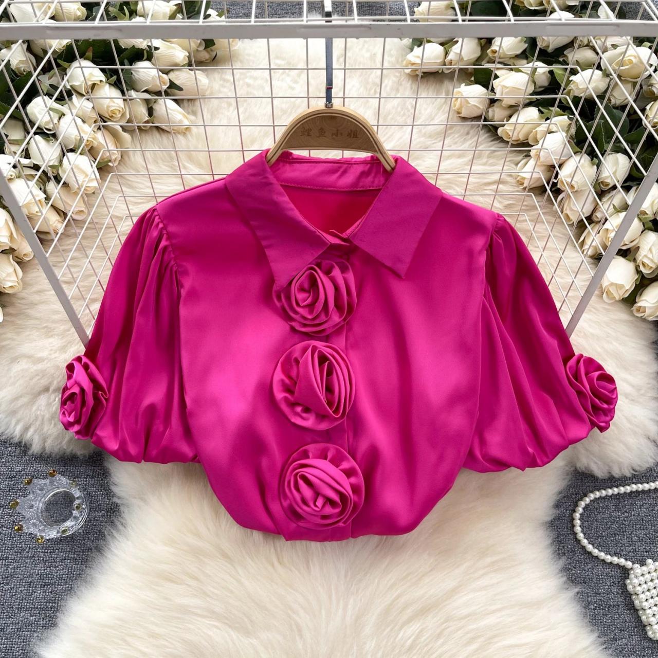 Womens Silk Button-up Pink Blouse With Roses on Luulla