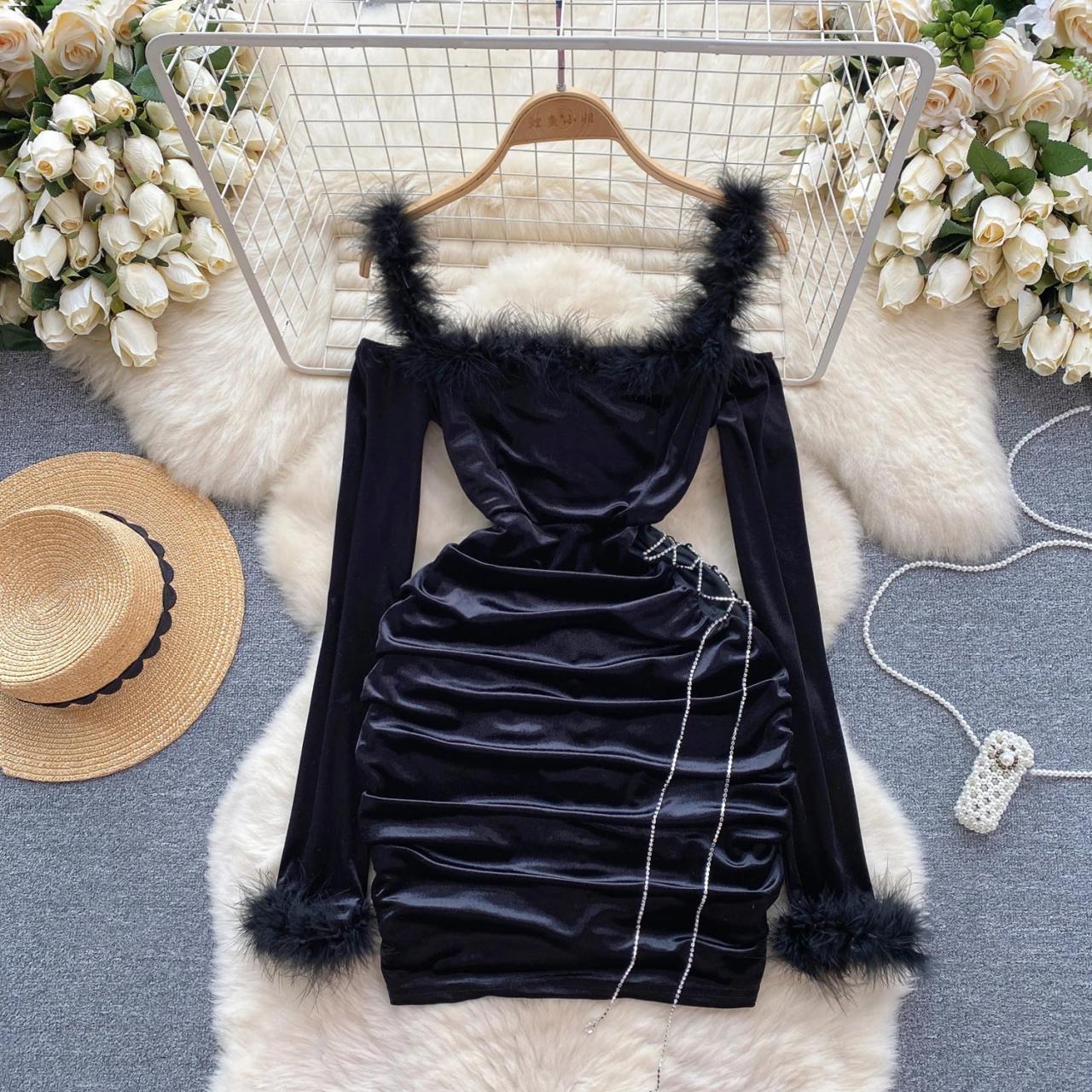 Elegant Black Velvet Feather Trim Bodycon Dress on Luulla