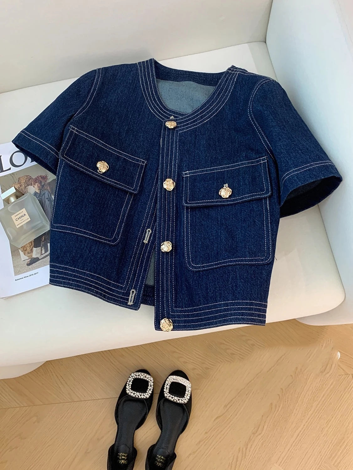 Chic Navy Blue Button-up Denim Jacket E on Luulla