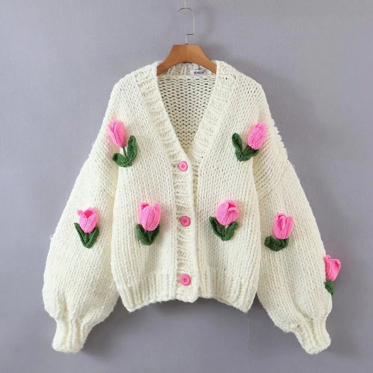 Cozy Pink Knit Cardigan With Floral Design on Luulla