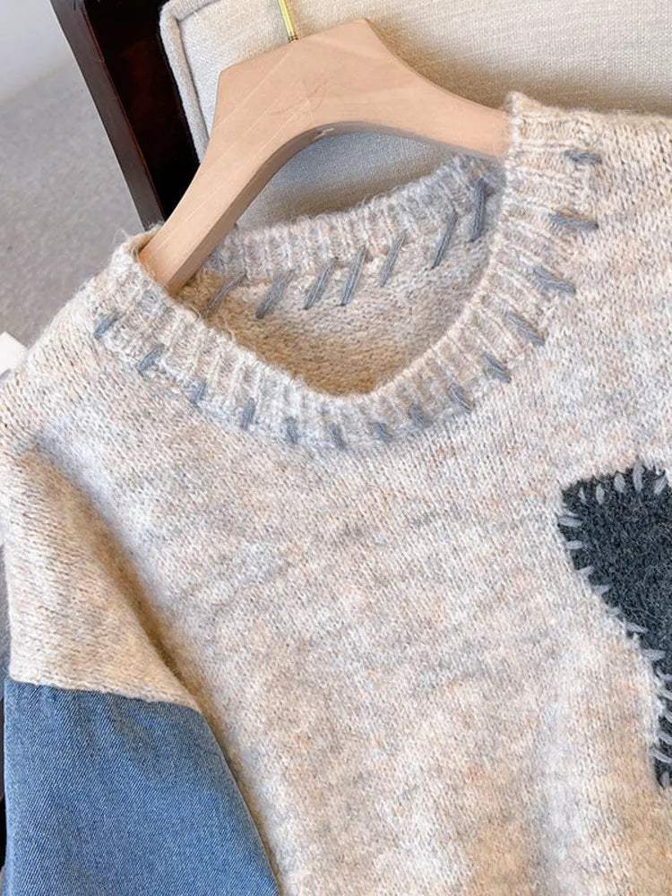 Cozy Heart Patchwork Sweater With Denim Sleeves on Luulla