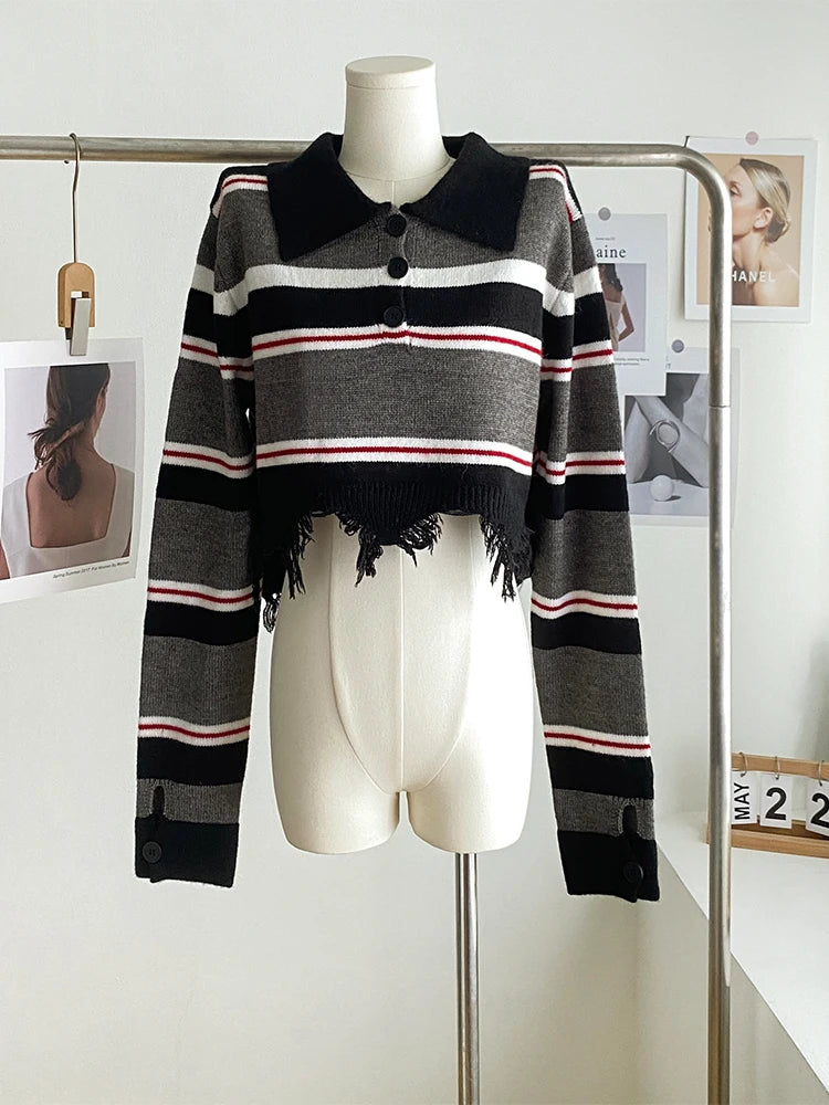 Striped Crop Sweater With Frayed Hem Design on Luulla