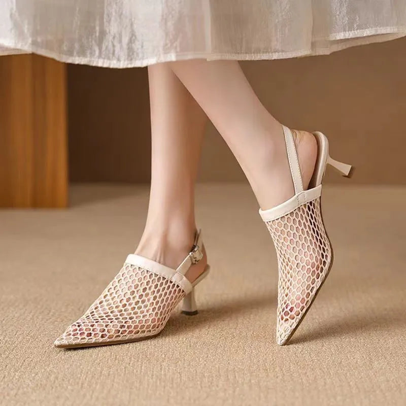Mesh Slingback Heels With Low Stiletto Design on Luulla