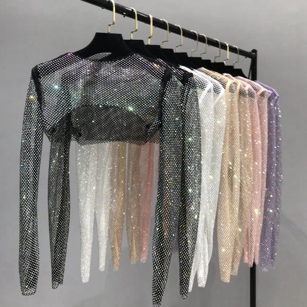 Sparkly Mesh Long Sleeve Sheer Crop Tops on Luulla
