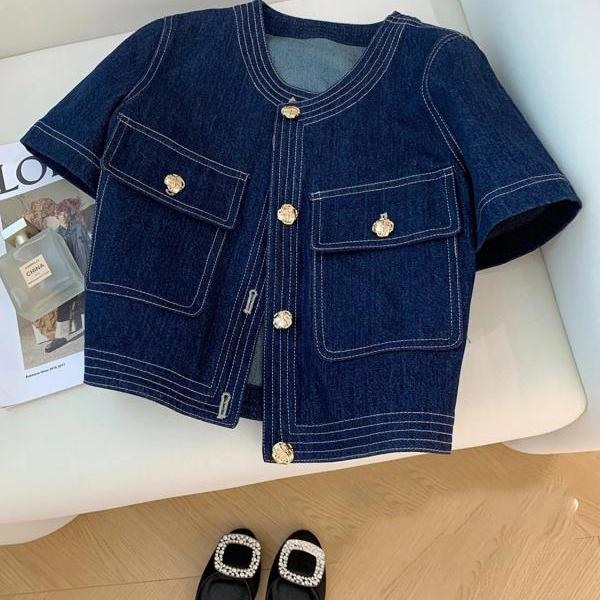 Chic Navy Blue Button-up Denim Jacket E on Luulla