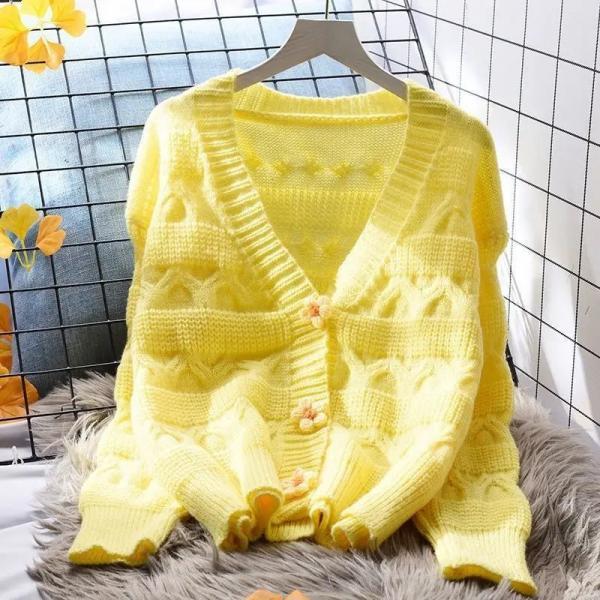 Cozy Yellow Knitted Cardigan With Button Design on Luulla
