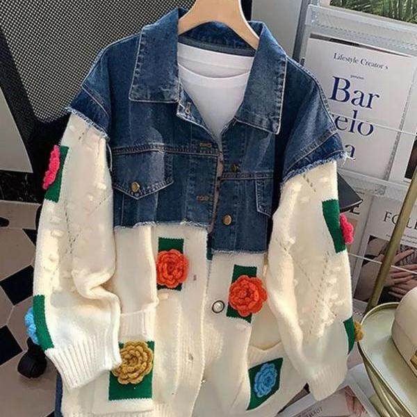 Colorful Floral Patchwork Denim Knitted Jacket Couture E on Luulla
