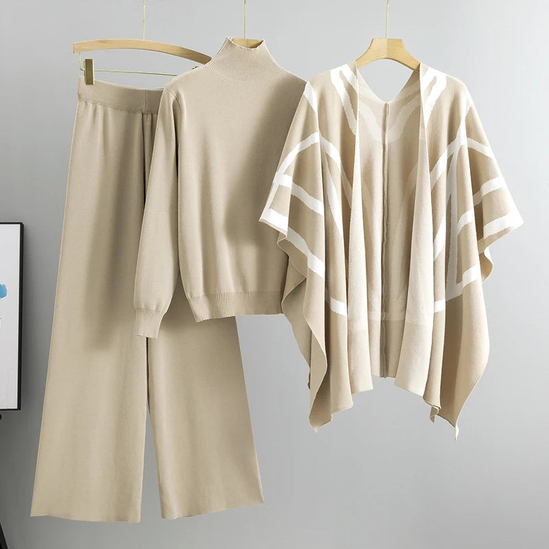 Three-piece Beige Knit Set With Poncho on Luulla