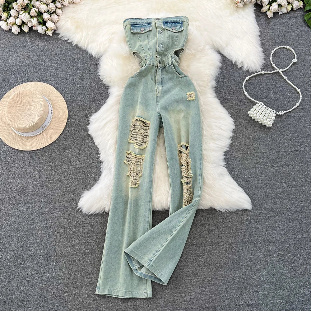 High-waisted Ripped Wide-leg Denim Jeans on Luulla