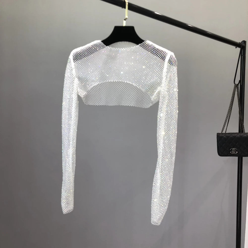 Sparkly Mesh Long Sleeve Sheer Crop Tops on Luulla