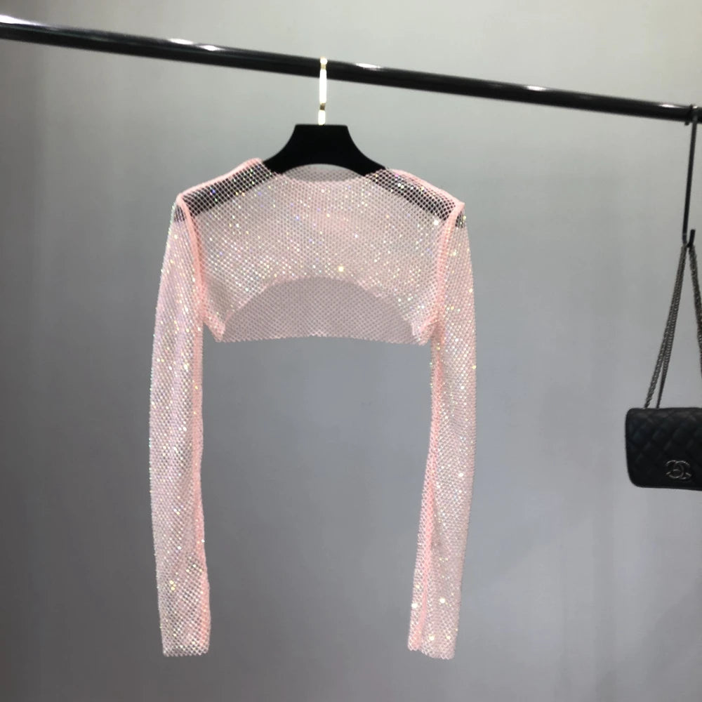 Sparkly Mesh Long Sleeve Sheer Crop Tops on Luulla