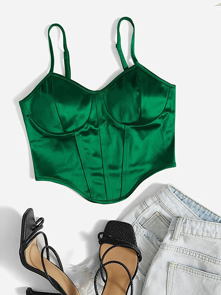Elegant Green Satin Bustier Top For Women on Luulla