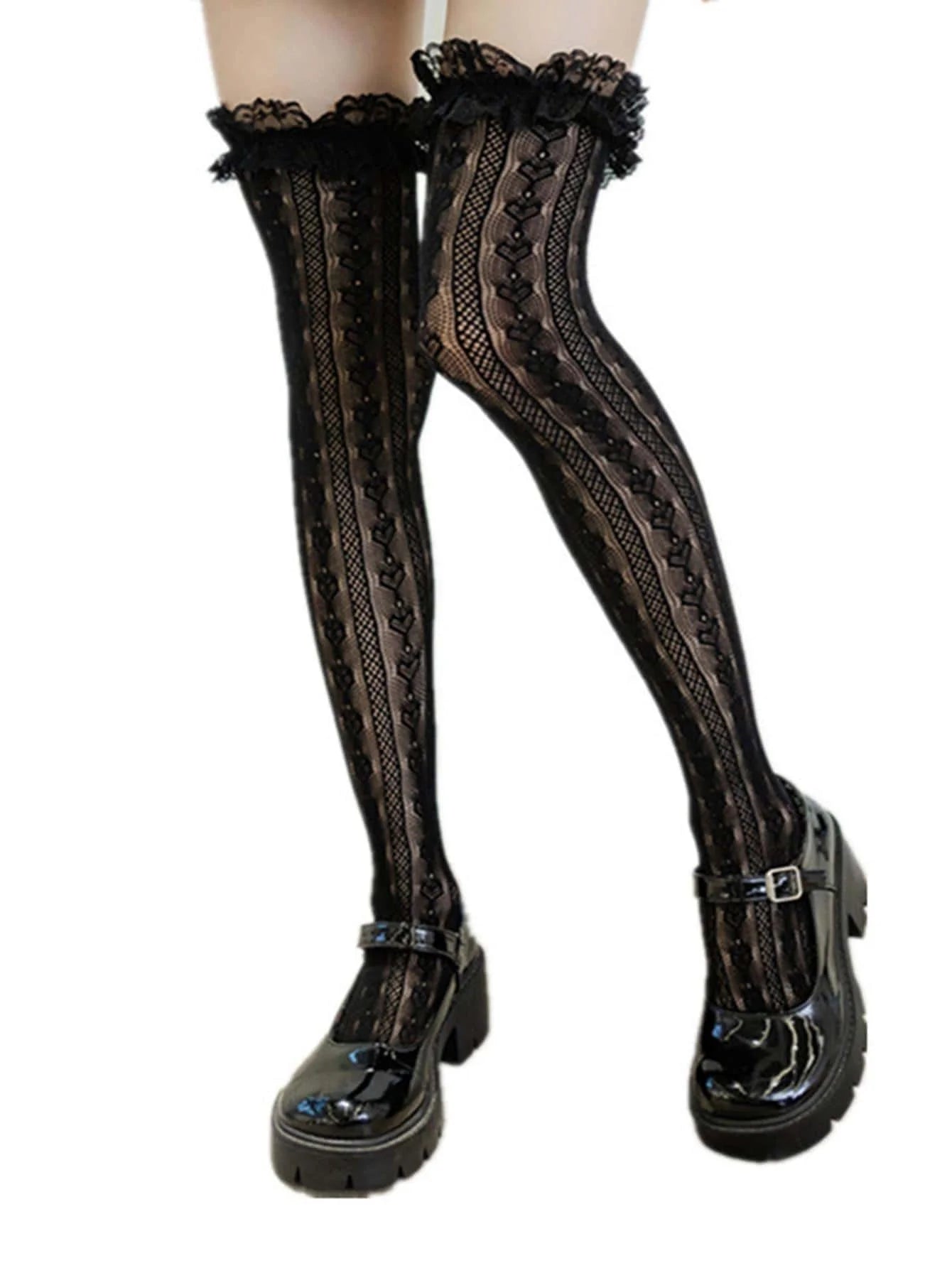 Elegant Black Lace Patterned Knee-high Socks on Luulla