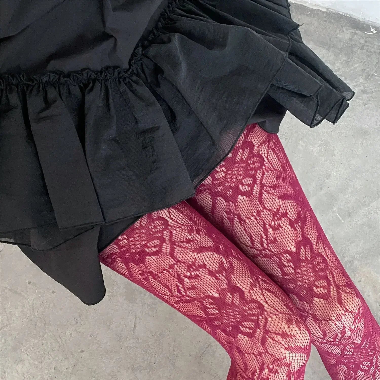 Burgundy Floral Lace Patterned Tights For Women on Luulla